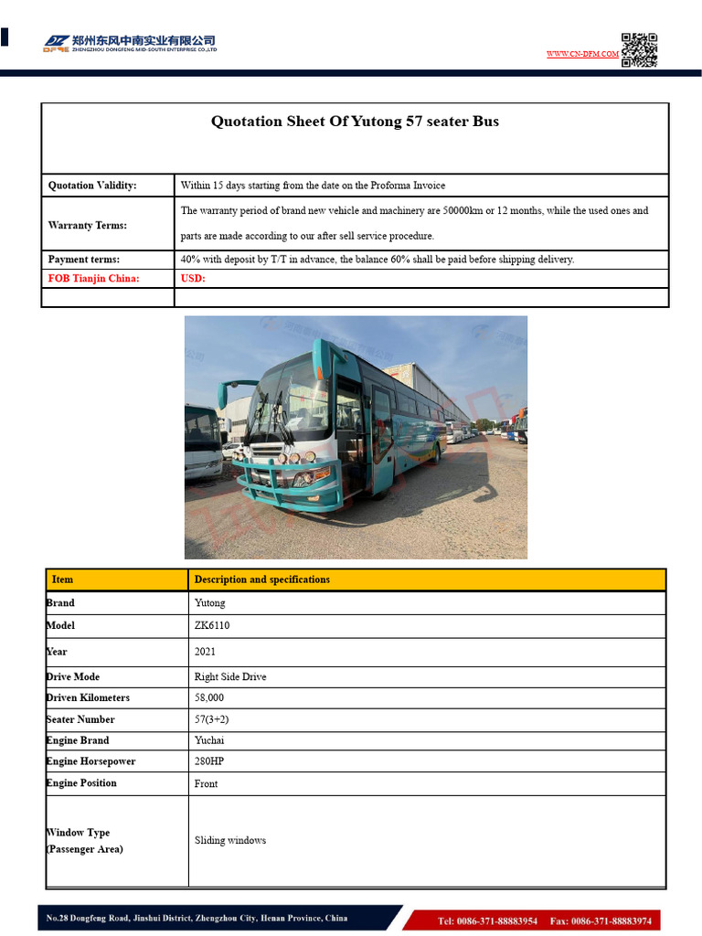 Yutong 57-Seater Bus Quotation Details | PDF | Truck | Wheeled Vehicles