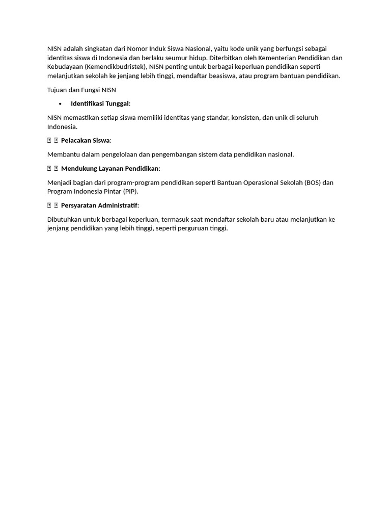 NISN Adalah Singkatan Dari Nomor Induk Siswa Nasional | PDF