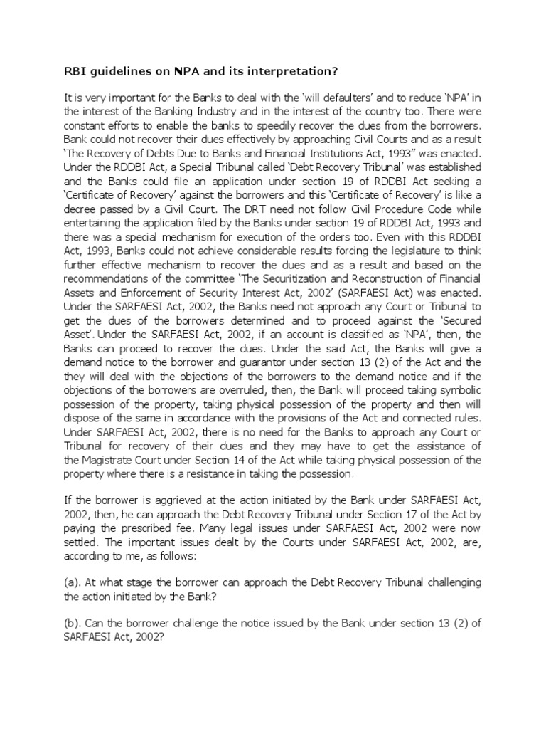 RBI Guidelines On NPA and Its Interpretation | PDF | Reserve Bank Of ...