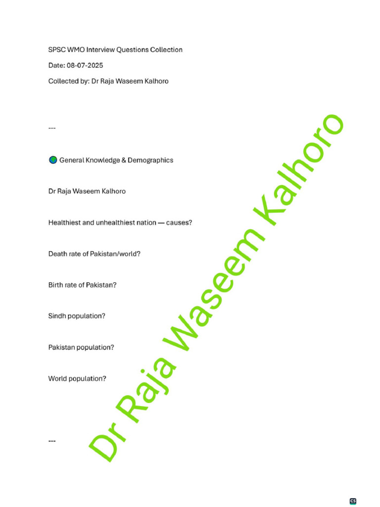 DR Raja Waseem J SPSC WMO Interview Questions 8 July 25 | PDF
