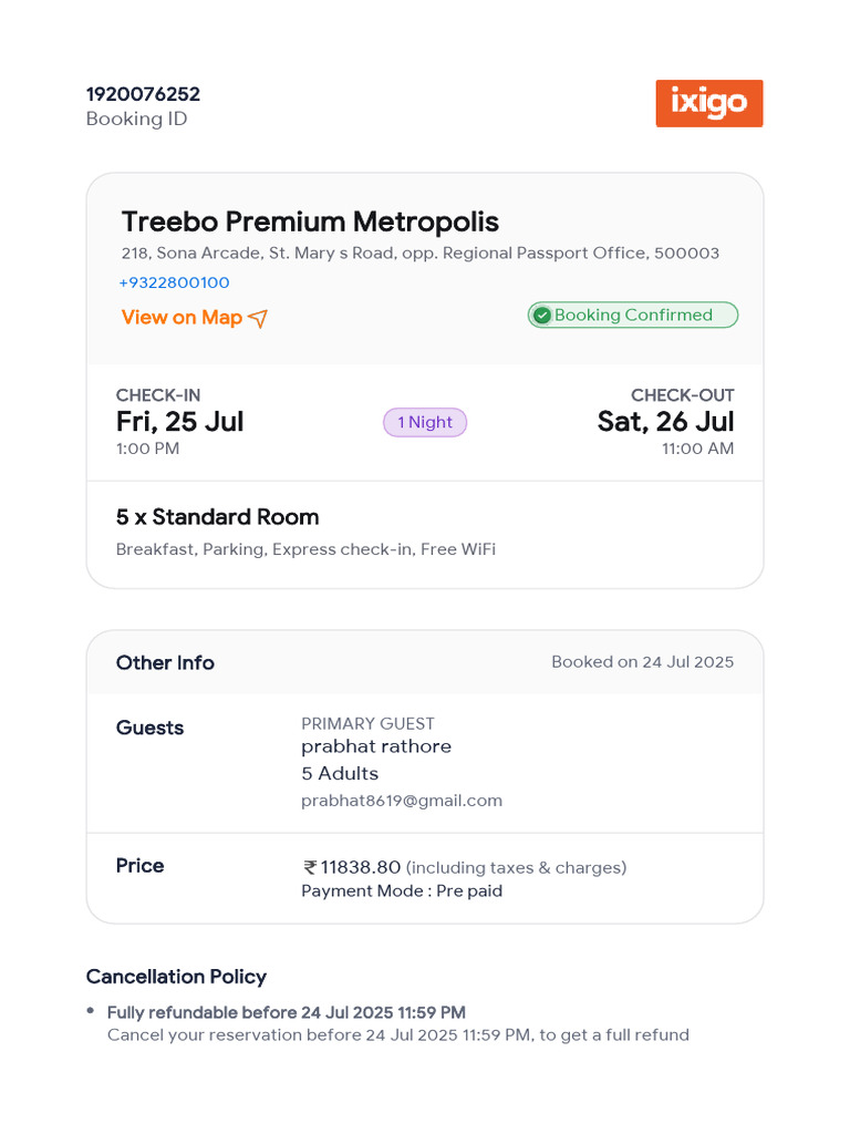 Treebo Premium Metropolis Booking Details | PDF | Receipt | Payments