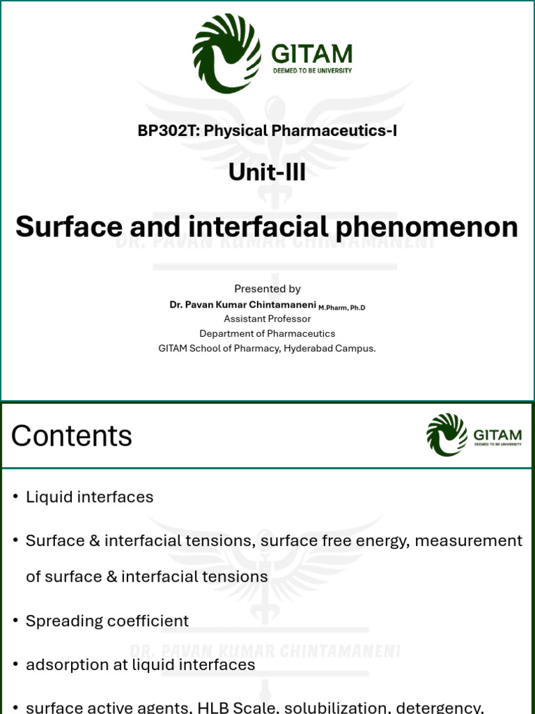 Unit - III - Class - 1 Surface and Interfacial Phenomenon | PDF | Surface Tension | Liquids