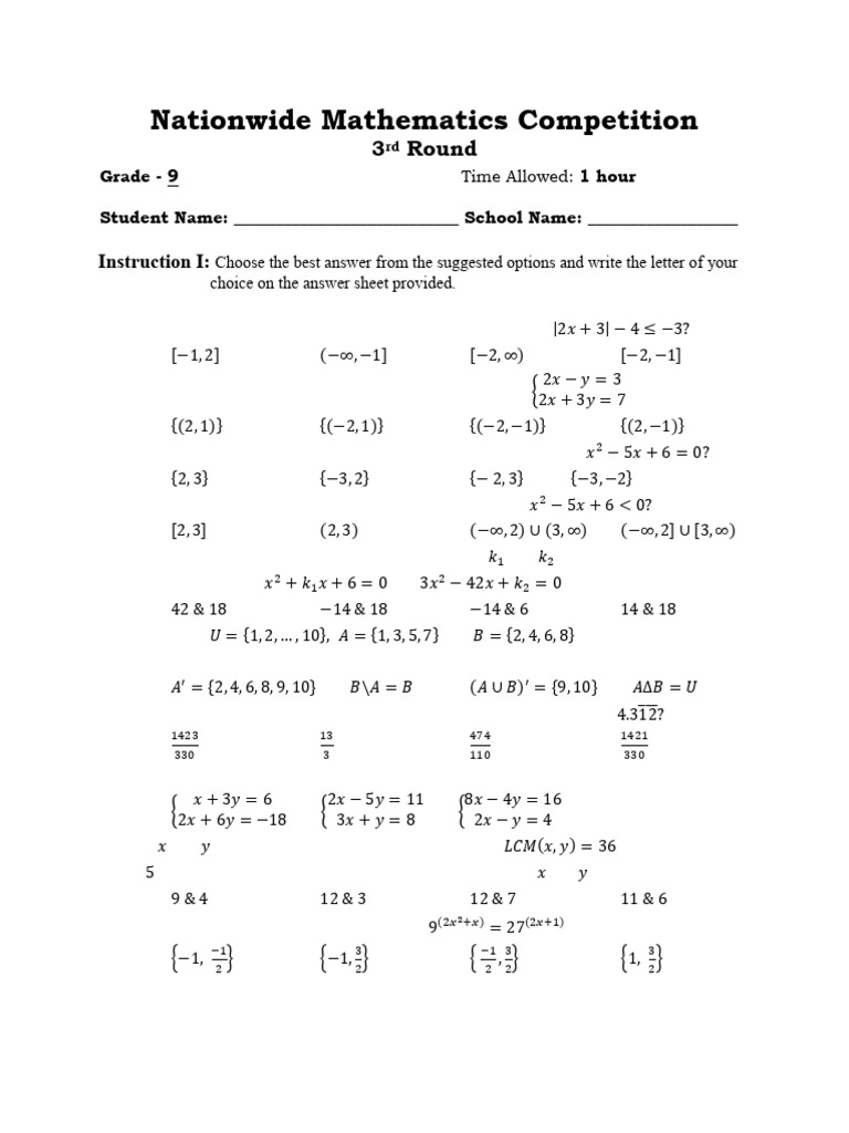 Grade 9 Math Competition Questions | PDF | Numbers | Mathematical Concepts