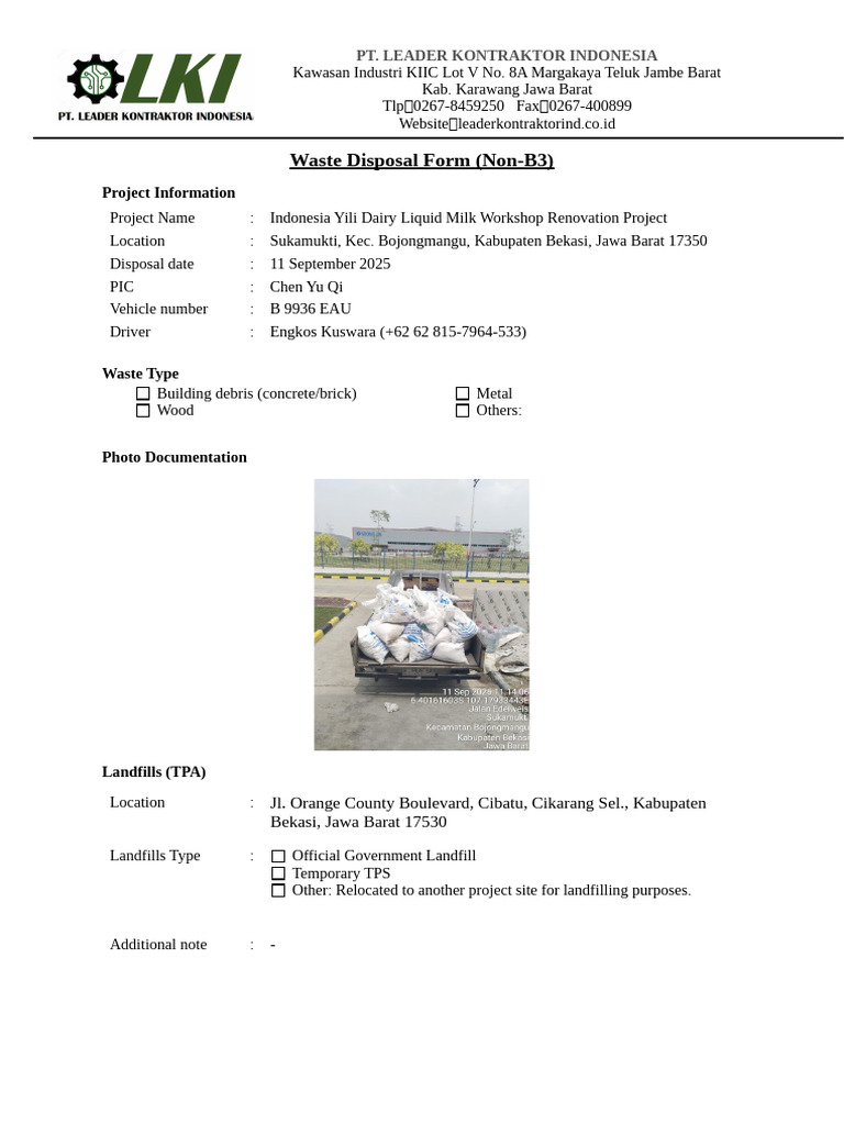 Indonesia Yili Dairy Renovation Waste Disposal | PDF