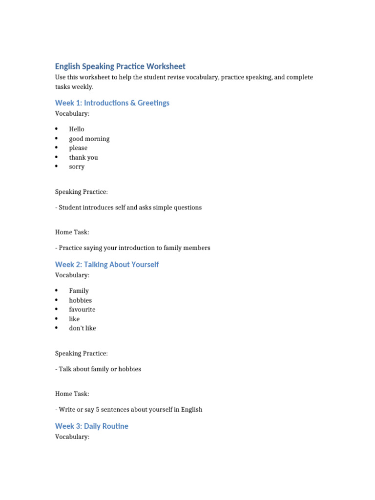 English Speaking Practice Worksheet | PDF