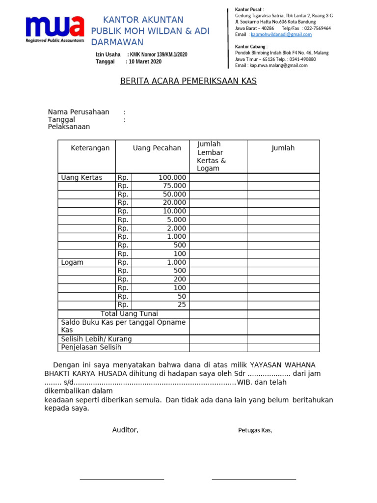 Contoh Berita Acara Cash Opname | PDF