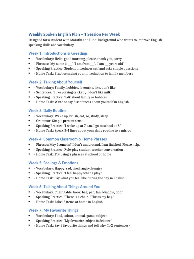 Weekly English Speaking Plan for Beginners | PDF
