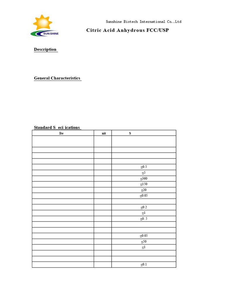 Sunshine Biotech Citric Acid Overview | PDF | Chemical Substances ...