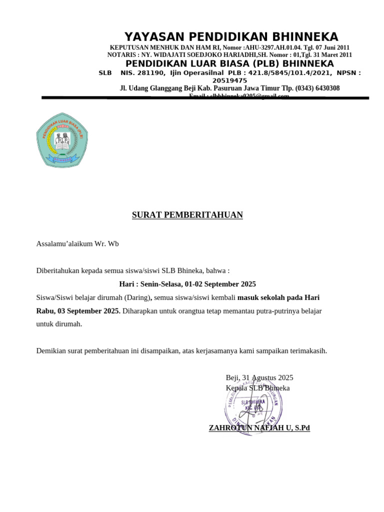 Surat Libur Siswa | PDF