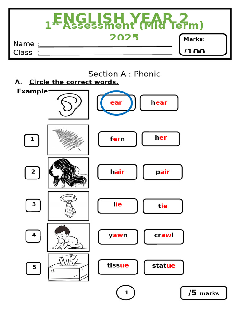 Year 2 English Mid-Term Assessment | PDF