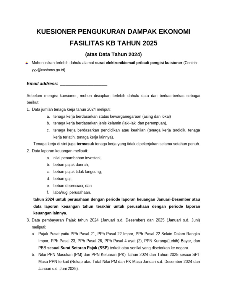 KB - Petunjuk Pengisian Kuesioner Kawasan Berikat 2025 | PDF