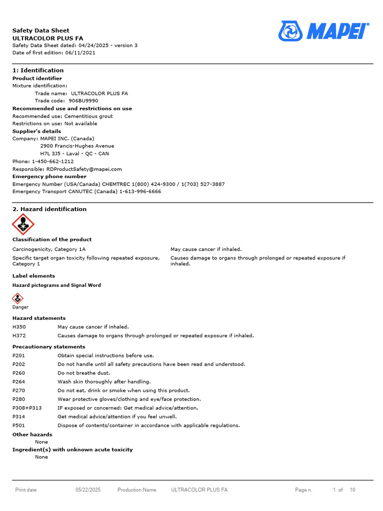 ULTRACOLOR PLUS FA Safety Data Sheet | PDF | Dangerous Goods | Toxicity