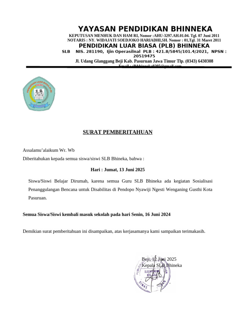 Surat Pemberitahuan Libur Siswa (Kegiatan BPBD) | PDF