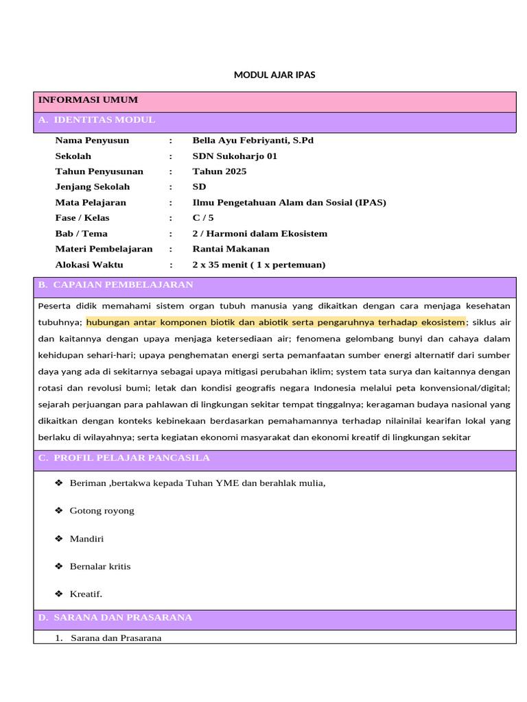 Modul Ajar IPAS: Rantai Makanan SD | PDF