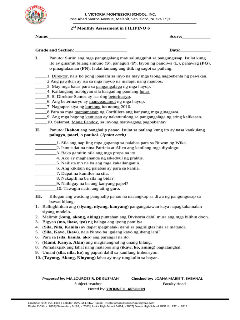 2nd Monthly Assessment in FILIPINO 6 | PDF