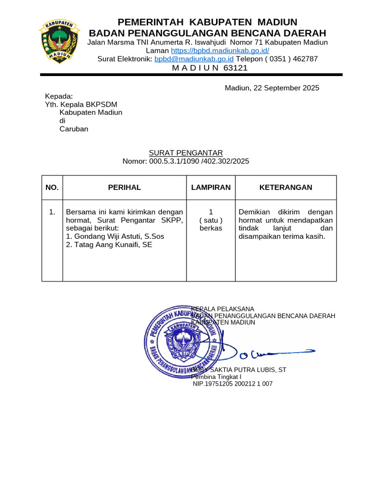 Surat Pengantar SKPP BPBD Madiun | PDF