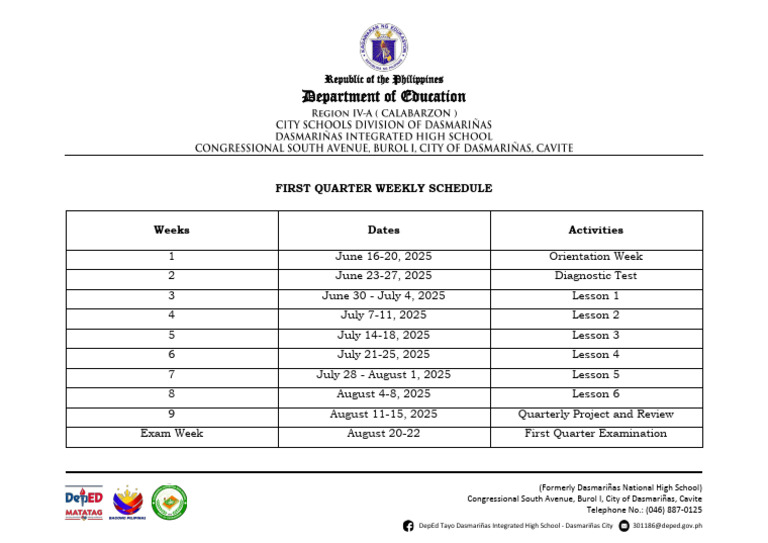 First Quarter Weekly Schedule | PDF | Tests
