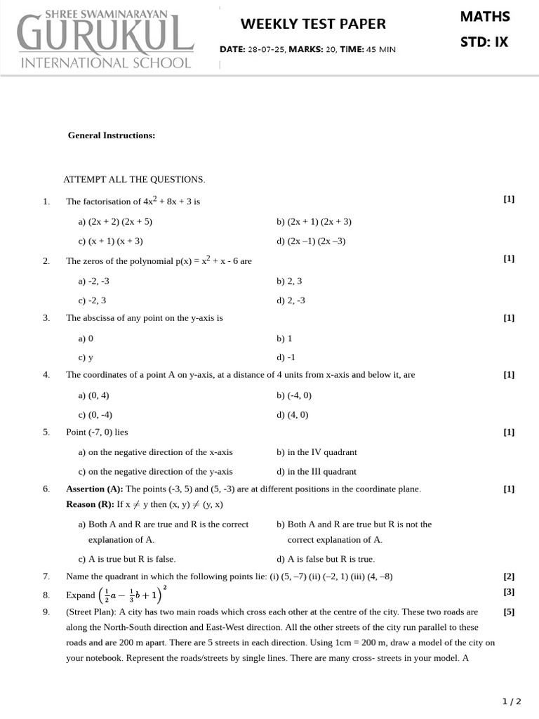 Ix Class Maths Weekly Test Paper 28-07-25 | PDF | Cartesian Coordinate ...