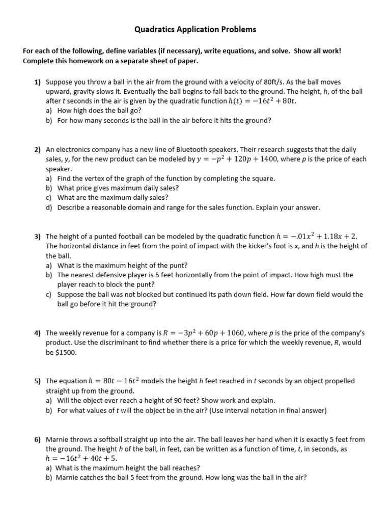 Quadratics Application Problems | PDF | Function (Mathematics ...