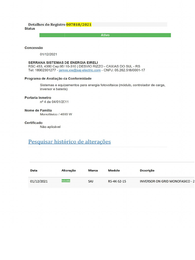 Certificado Do Inversor SAJ 4K | PDF