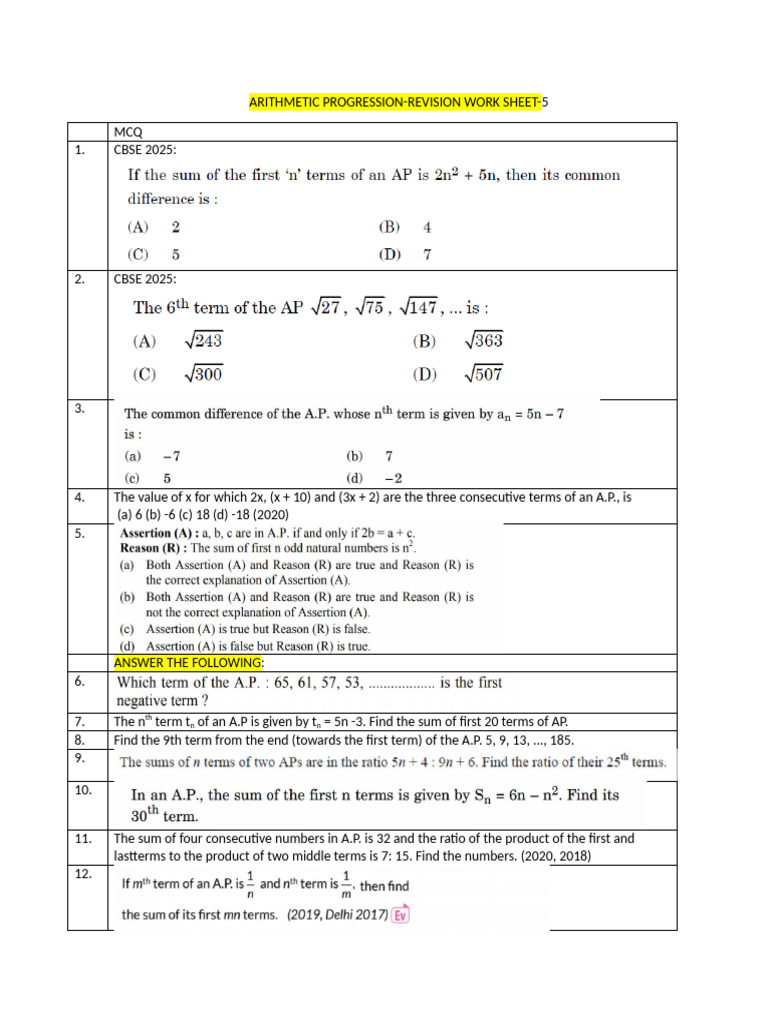 Arithmetic Progression Revision Worksheet-5 | PDF