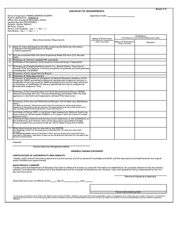 DepEd Annex C-2 Requirements Checklist | PDF