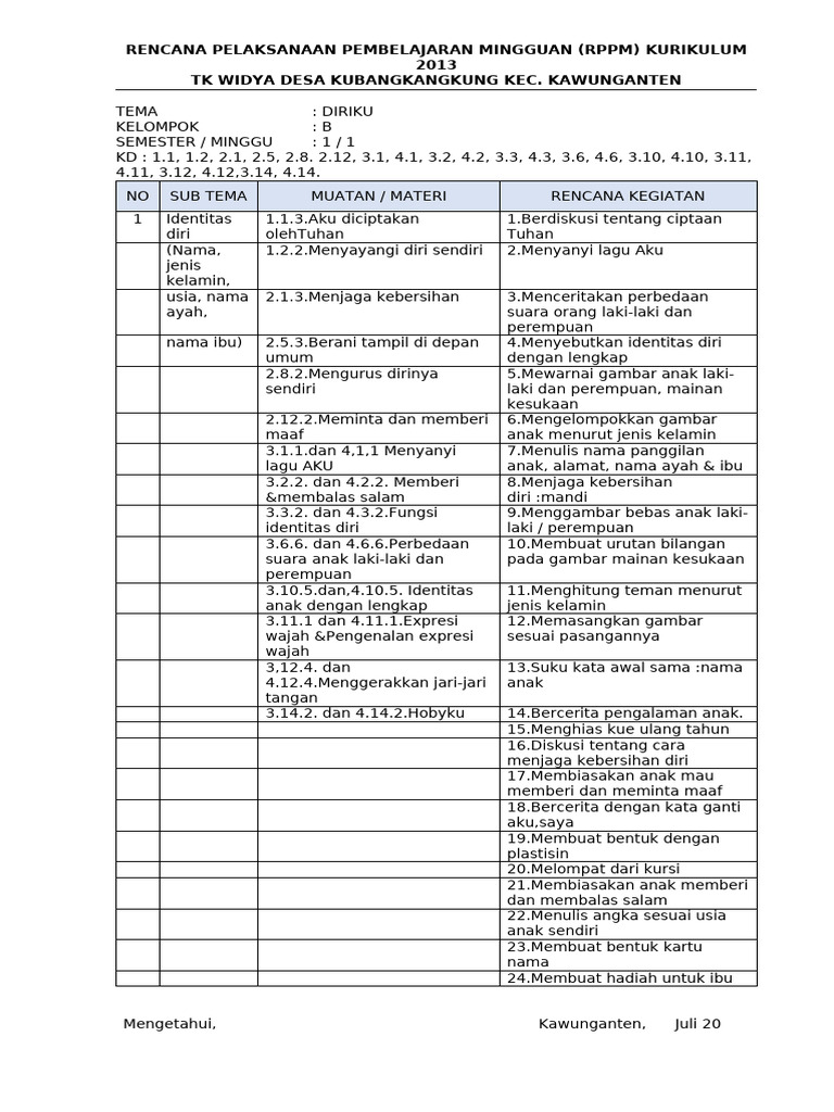 Rppm Tk b 5-6 Tahun k13 Semester 1 | PDF