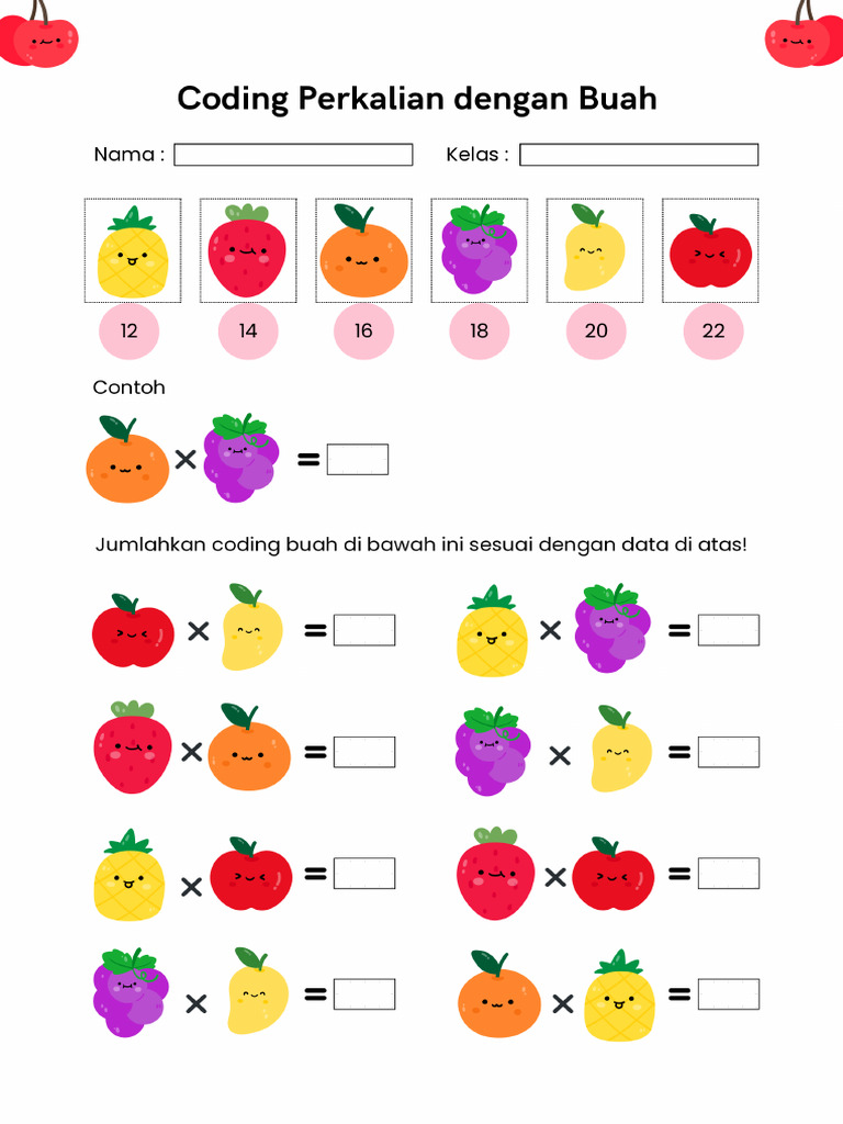 Lembar Kerja Coding Penjumlahan Dengan Buah Warna Warni Gaya Ilustratif Sederhana | PDF