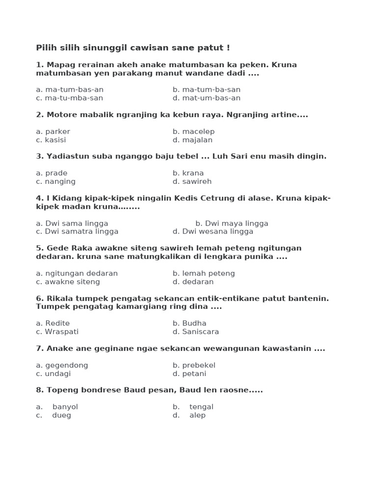Tes Bahasa Bali: Pilihan Ganda dan Aksara | PDF