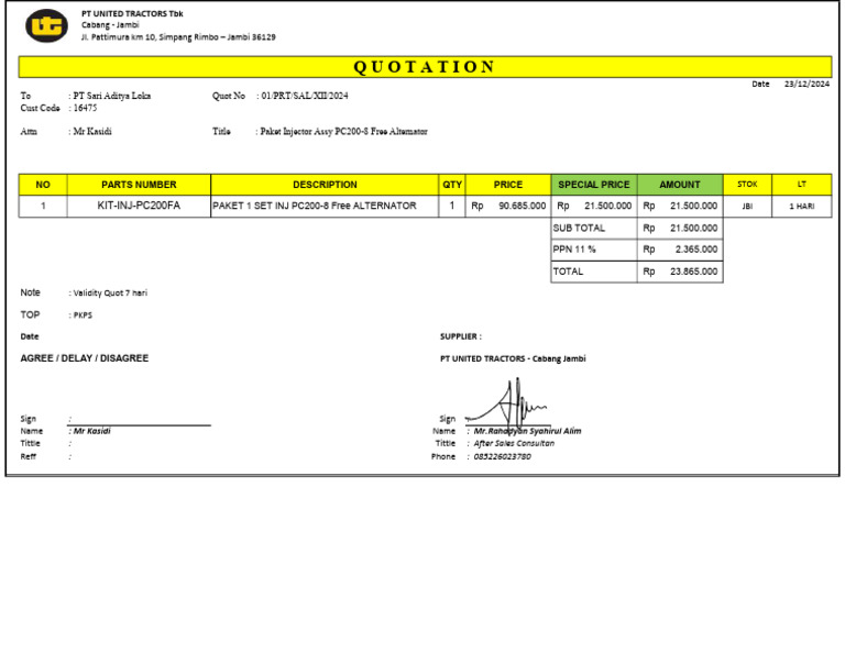 Quotation Spare Parts SAL 23 Desember 2024 - PKT Injektor Free ...