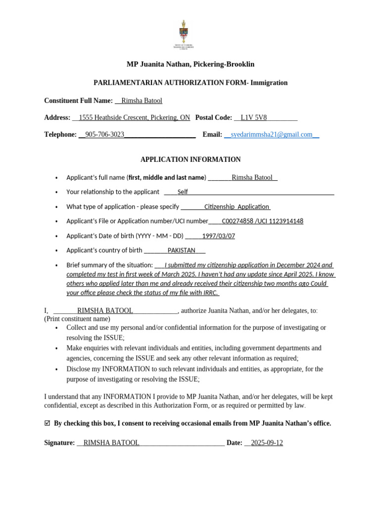 MP Juanita Nathan - Intake Consent Form Printable | PDF
