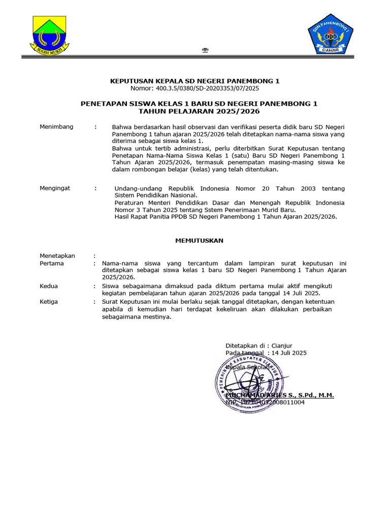 Surat Penetapan SPMB SDN Panembong 1 | PDF
