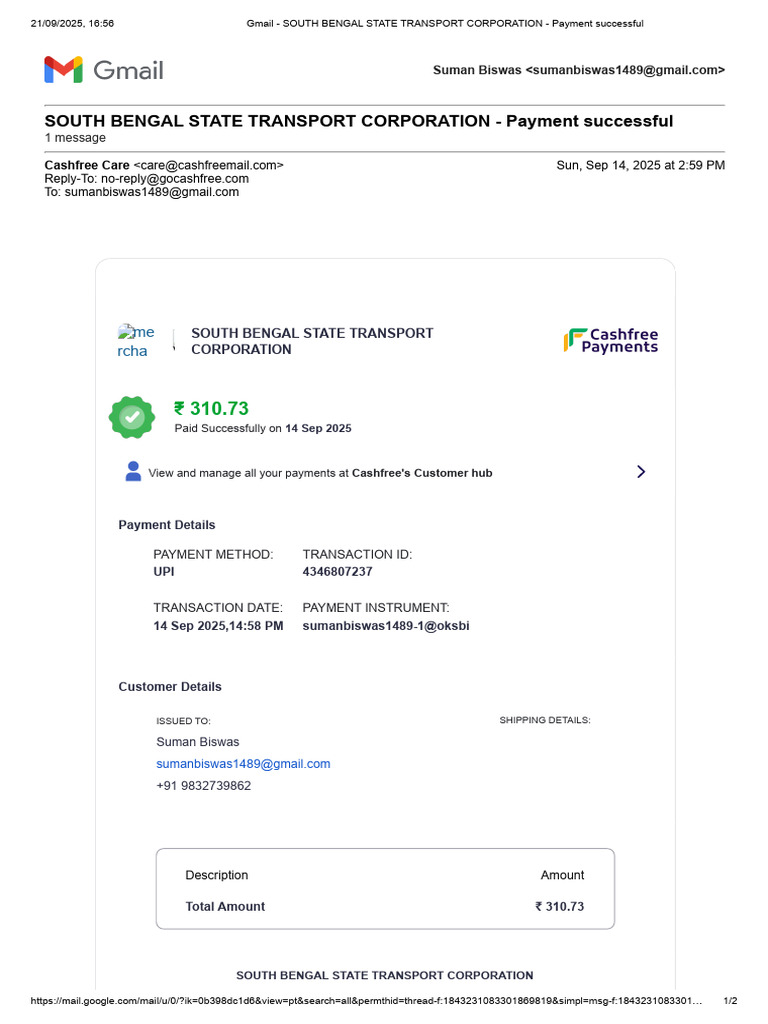Gmail - South Bengal State Transport Corporation - Payment Successful | PDF