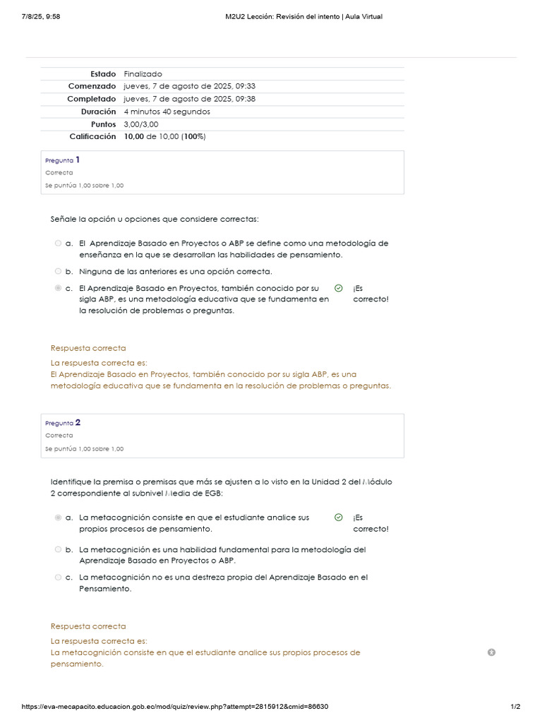 M2U2 Lección - Revisión Del Intento - Aula Virtual EGB PEDAGOGIA | PDF | Metacognición ...