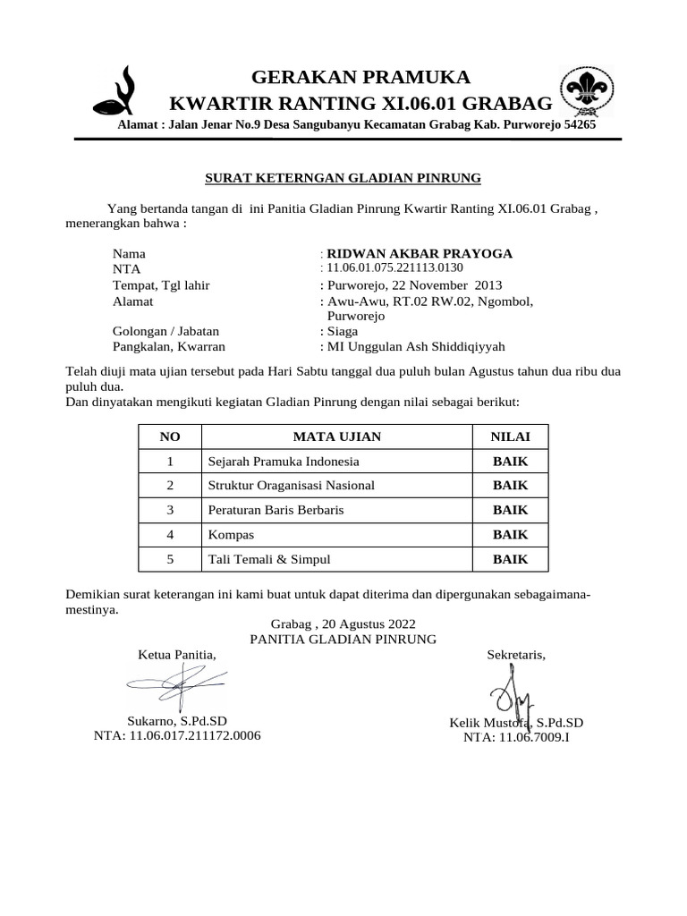 Surat Keterangan Gladian Pinrung Pramuka | PDF