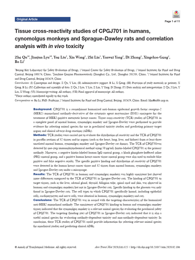 2020 - Tissue Cross-Reactivity Studies of CPGJ701 in Humans, Cynomolgus ...
