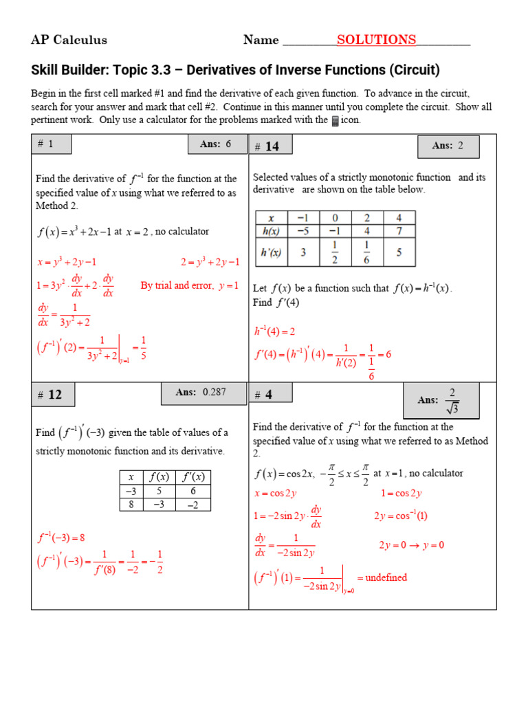 Topic 3.3 - Derivatives of Inverse Functions (Circuit) - SOLUTIONS ...