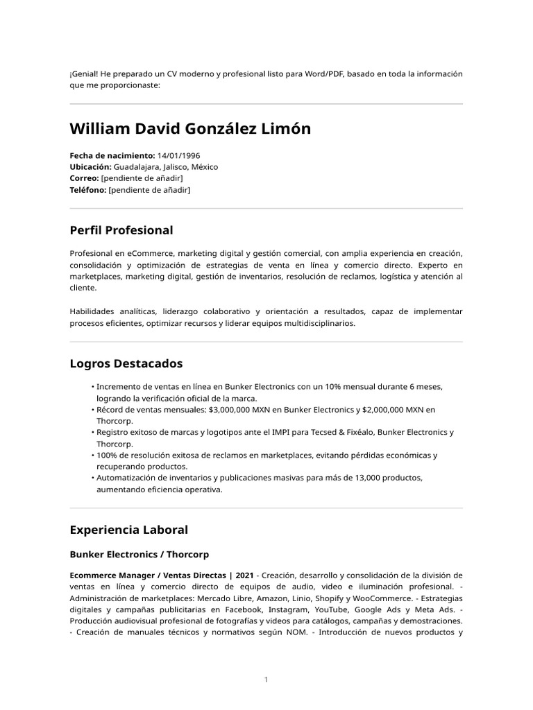 CV Profesional en eCommerce y Marketing | PDF | Logística | Marketing