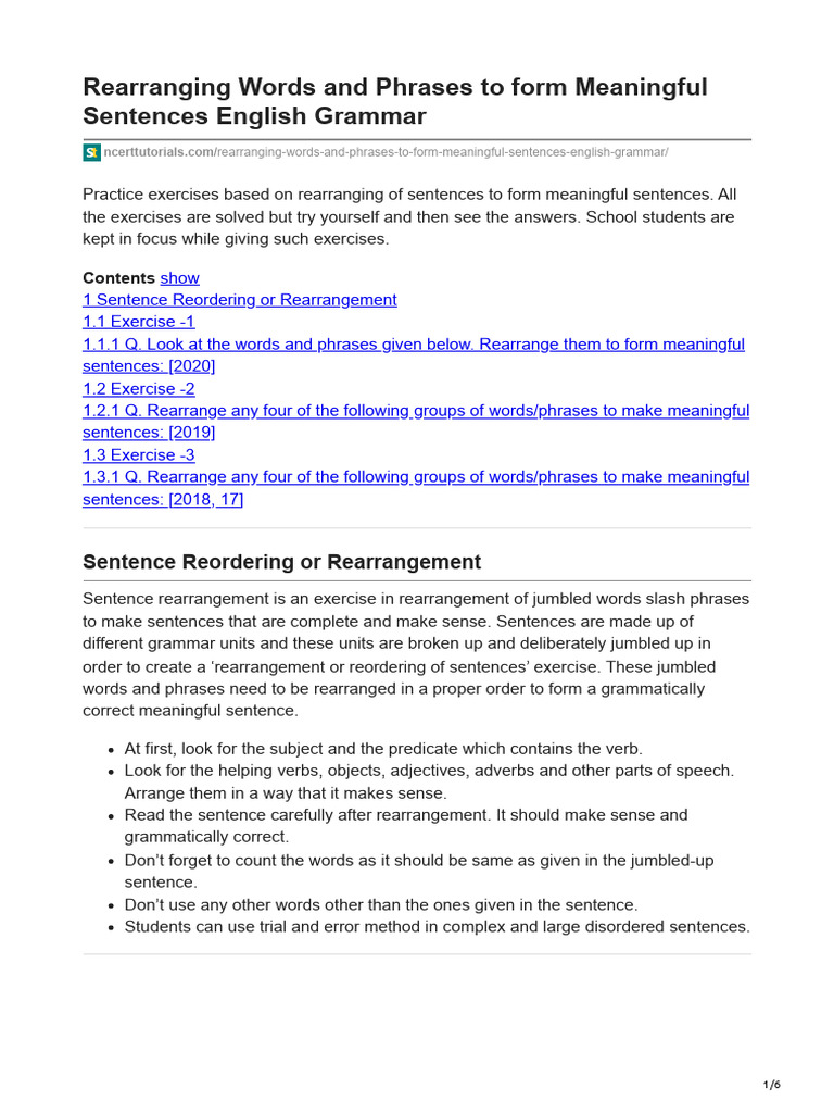 Rearranging Words and Phrases To Form Meaningful Sentences English ...