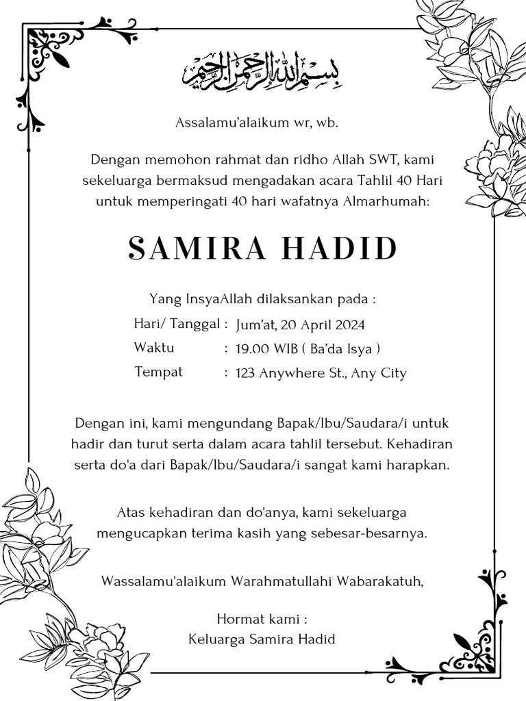 Hitam Putih Daun Tepi Peringatan Kematian Kartu Undangan | PDF