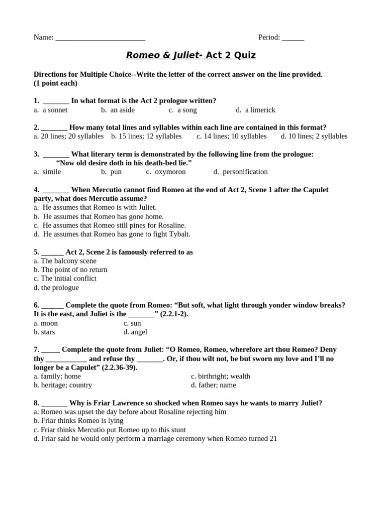 Act 2 Quiz for Romeo & Juliet | PDF | Characters In Romeo And Juliet ...