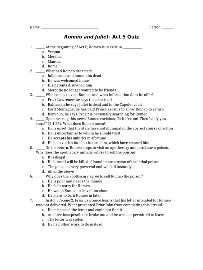 Act 5 Quiz: Romeo and Juliet Insights | PDF | Characters In Romeo And ...