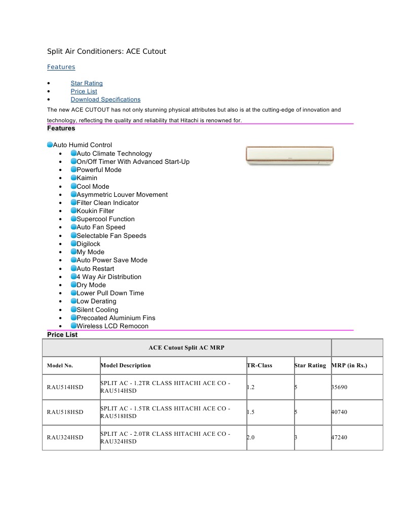 ACE Cutout Split AC Features & Pricing | PDF