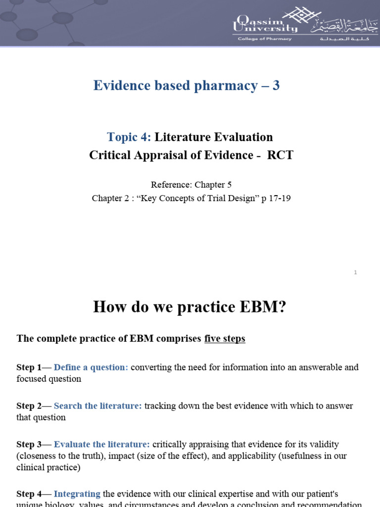 Topic 4 - Critical Appraisal of Evidence - RCT 1 | PDF | Randomized Controlled Trial | Dose ...