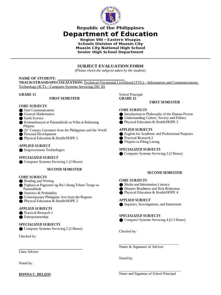 Subject Evaluation Form (For TVL) | PDF | Learning
