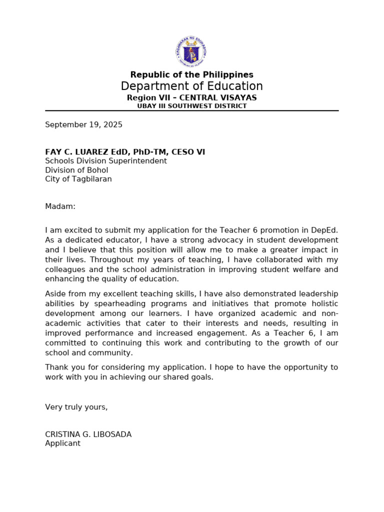 Teacher 6 Promotion Application Letters | PDF | Teachers | Curriculum