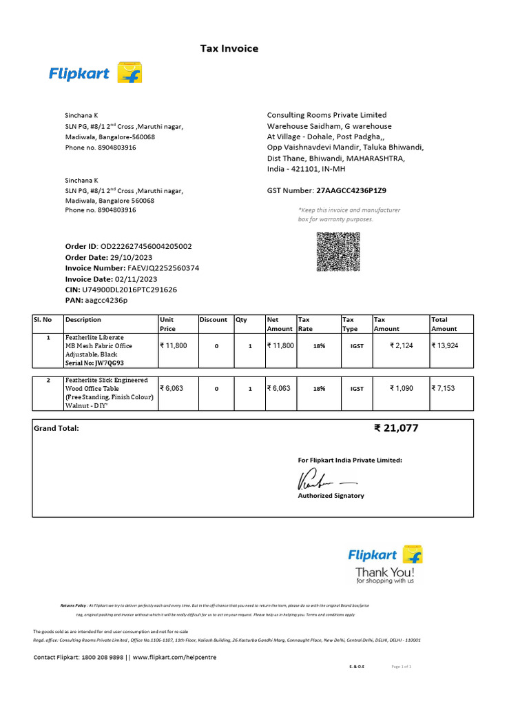 Tax Invoice for Sinchana K - Order OD222627 | PDF | Taxation ...