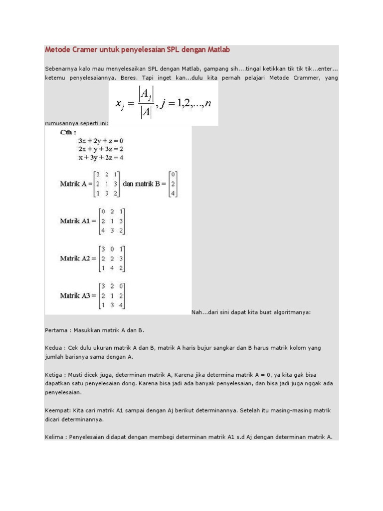 Metode Cramer Untuk Ian SPL Dengan Matlab | PDF