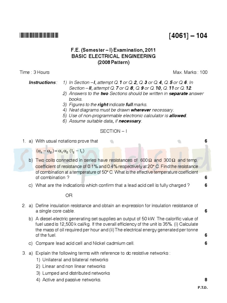 Basic Electrical Engineering Exam Paper | PDF | Electrical Impedance ...