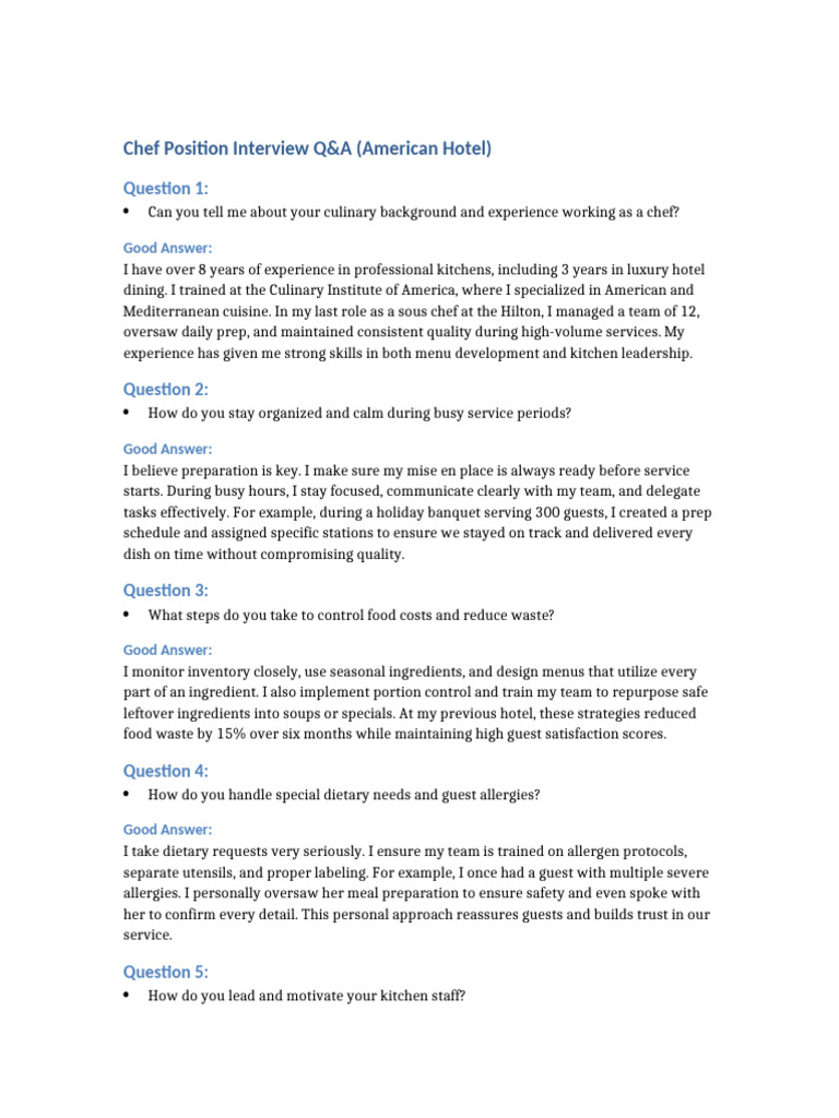 Chef Position Interview QA | PDF | Chef | Menu